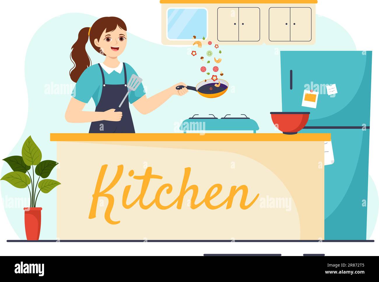 Kitchen Architecture Vector Illustration with Furniture and Interior ...