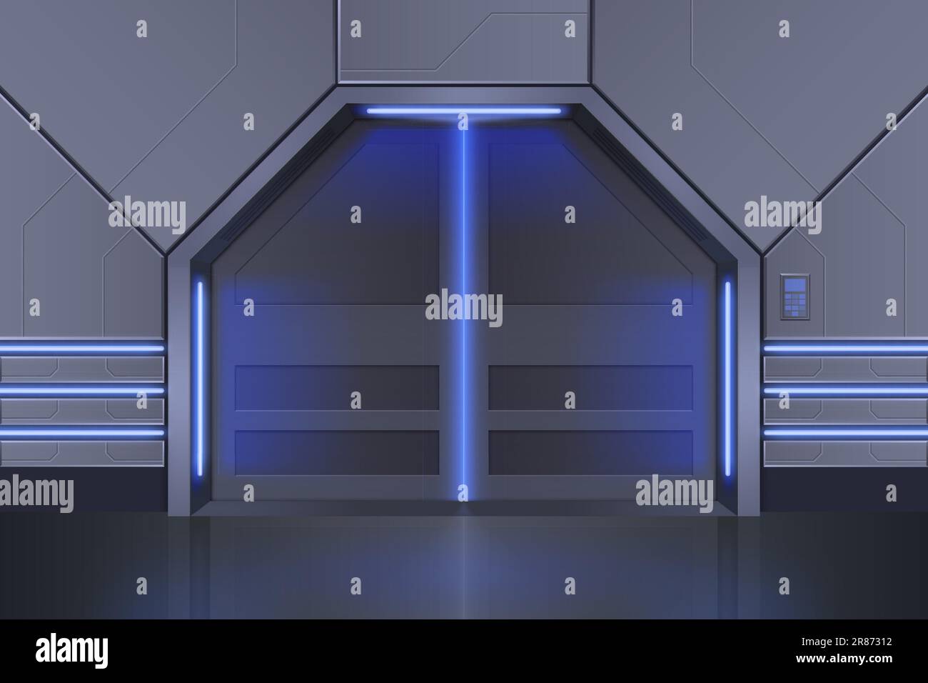 Spaceship door. Metal space ship interior. Sliding gate inside hexagon ...