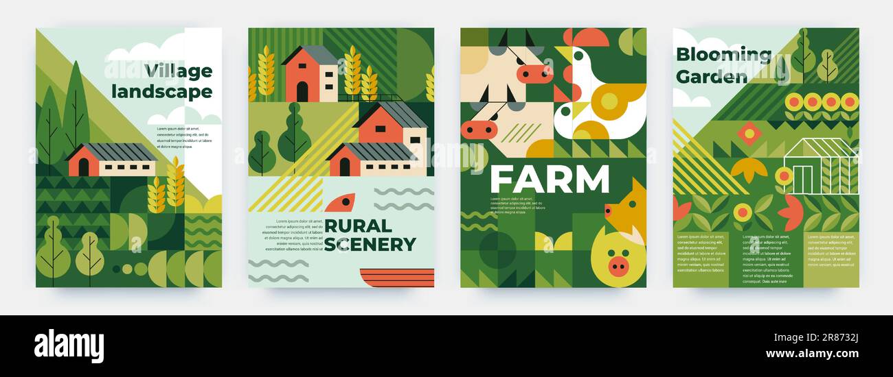 Nature house landscape. Geometric patterns. Abstract posters with ...