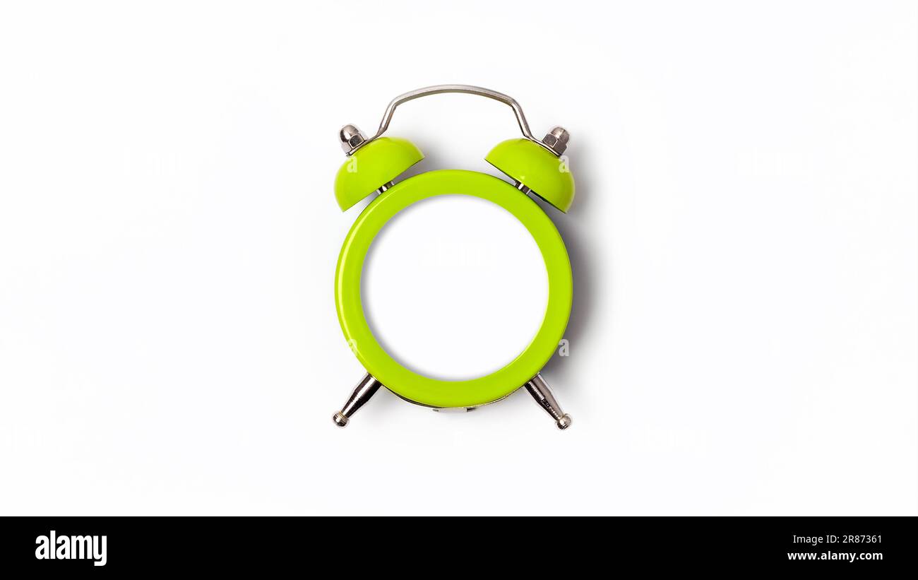 Beautiful lime green metal alarm clock isolated on white background ...