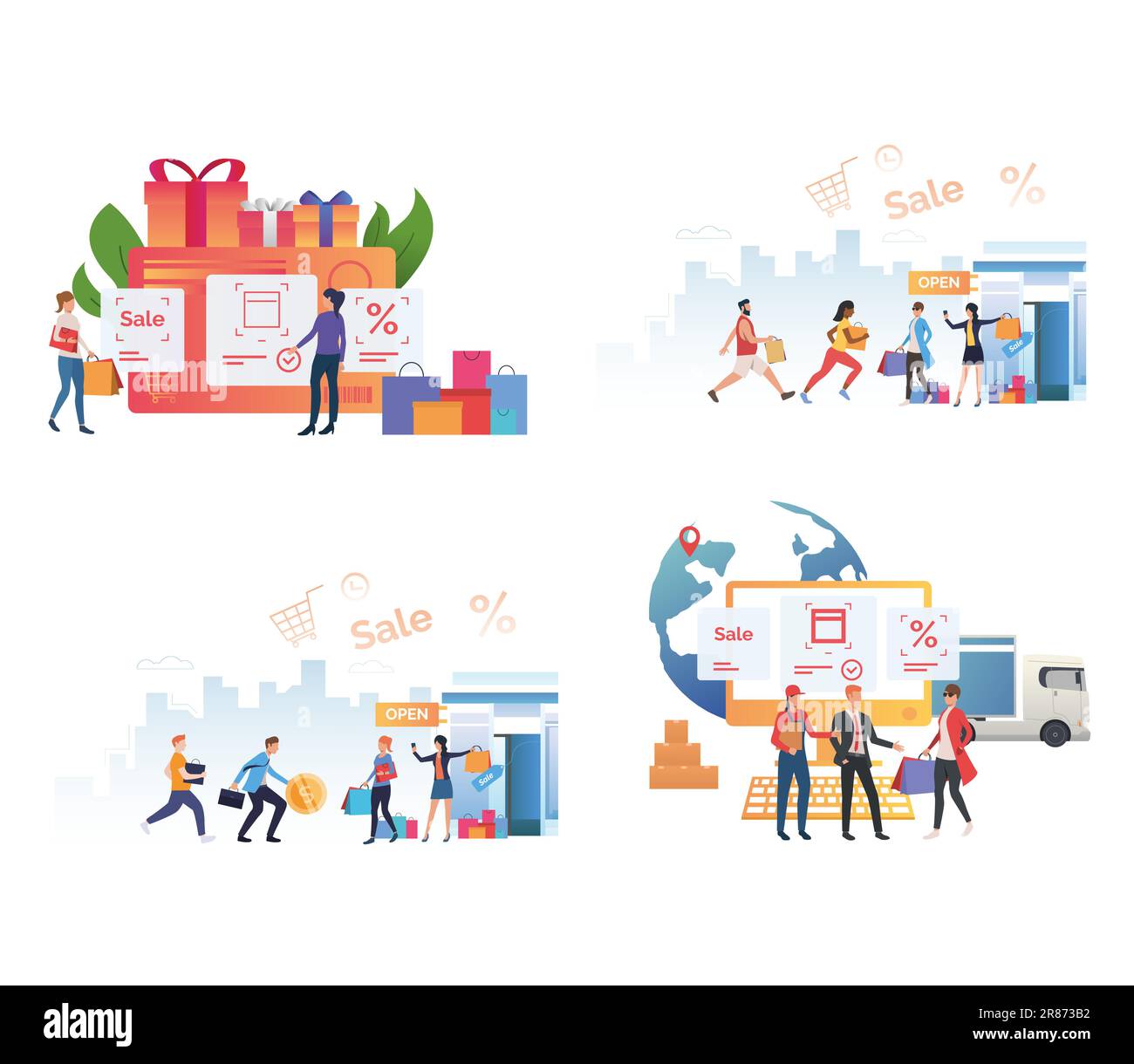 Set of people running for discounts in shops Stock Vector Image & Art ...