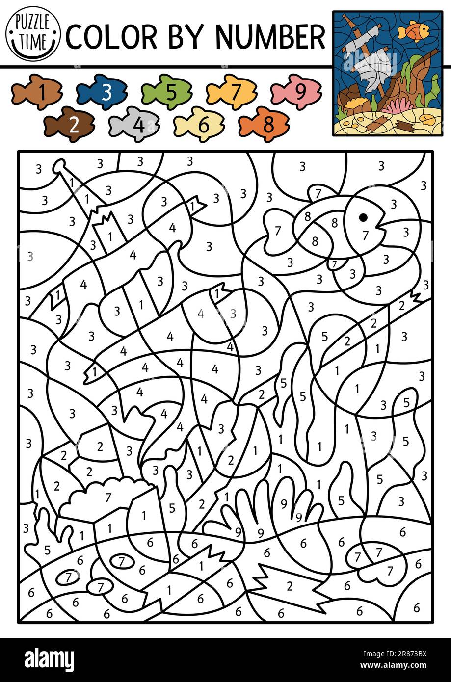 Vector under the sea color by number activity with wrecked ship and ...