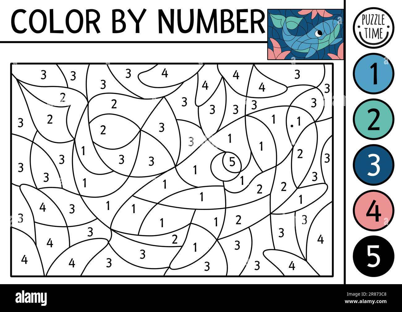 Vector under the sea color by number activity with whale and seaweeds ...