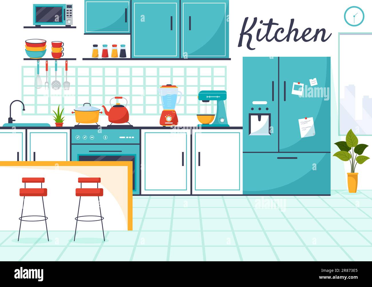 Kitchen Architecture Vector Illustration with Furniture and Interior ...
