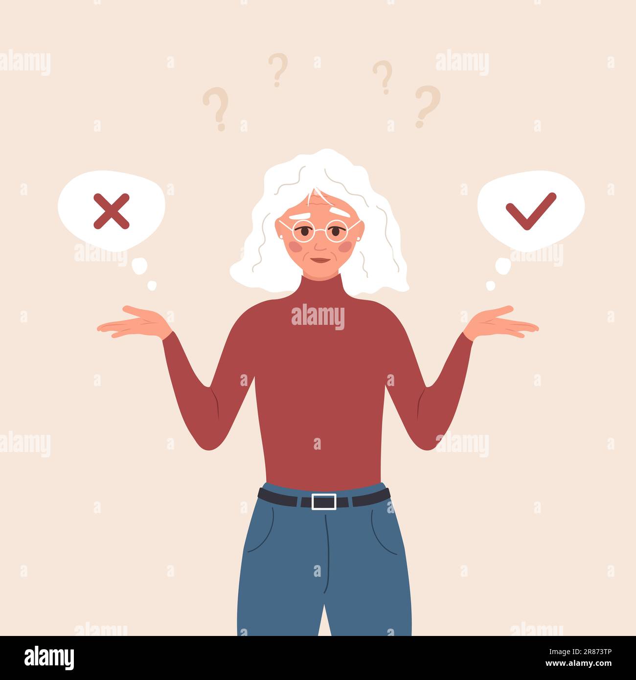 Elderly woman choose yes or no. Aged lady making decision in doubt ...