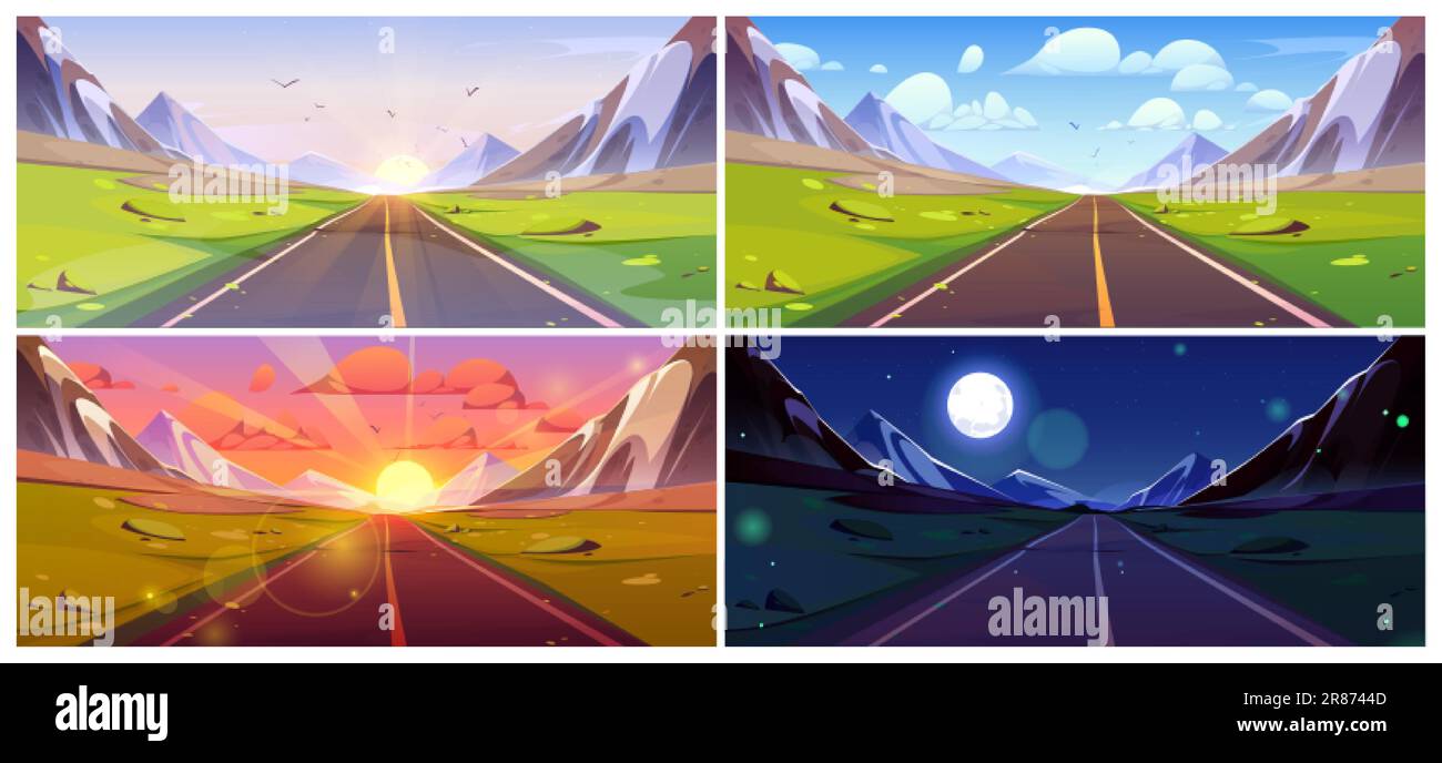 Mountain road view landscape cartoon landscape set. Vector background ...