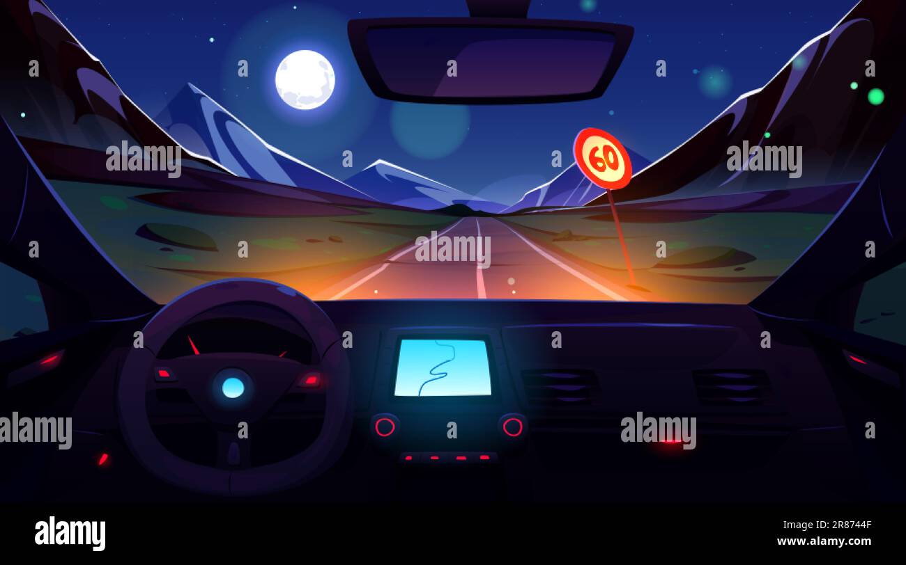 Car driving mountain road at night. Vector cartoon illustration of ...