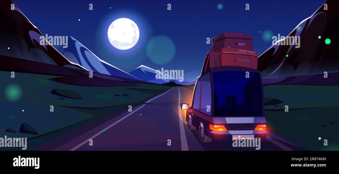 Night highway trip and mountain vector landscape. Dark cartoon ...