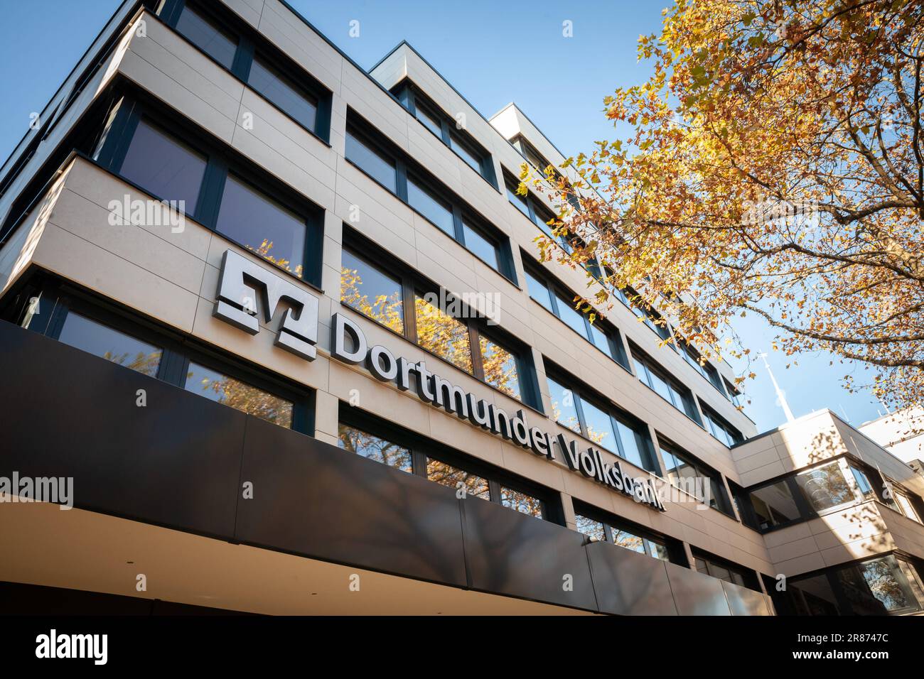 Picture of a sign with the logo of Dortmunder Volksbank on their main ...