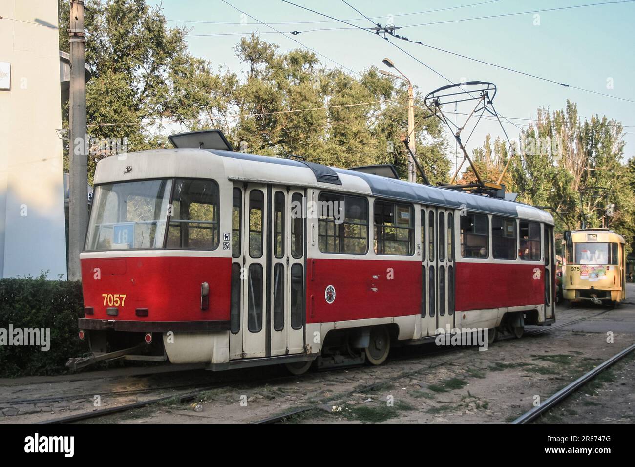 Picture of a Tatra T3 tram on display at the depot of Odessa tram i ...