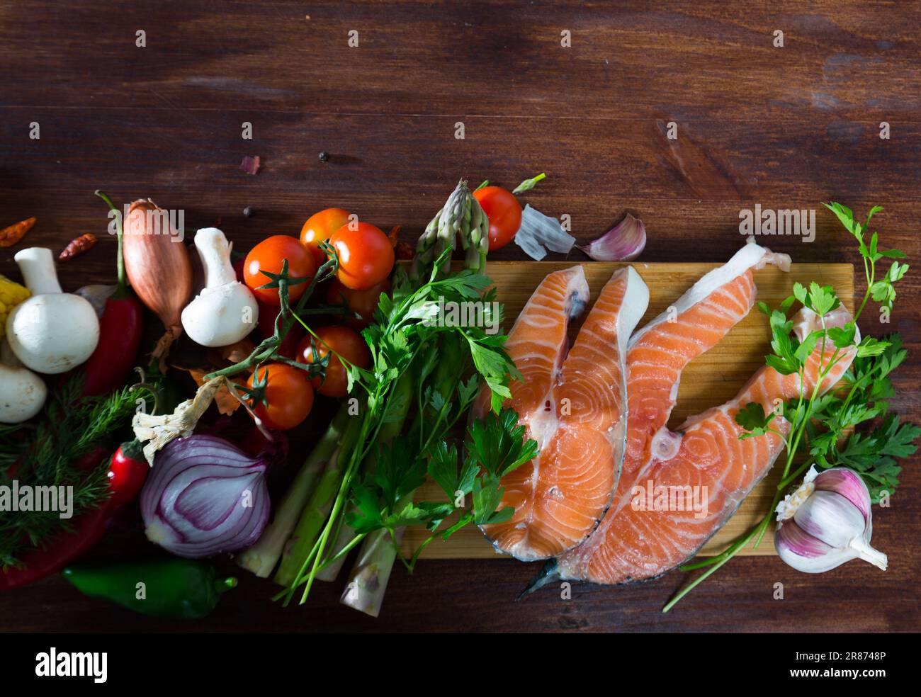 Food frame with fish and vegetables Stock Photo - Alamy