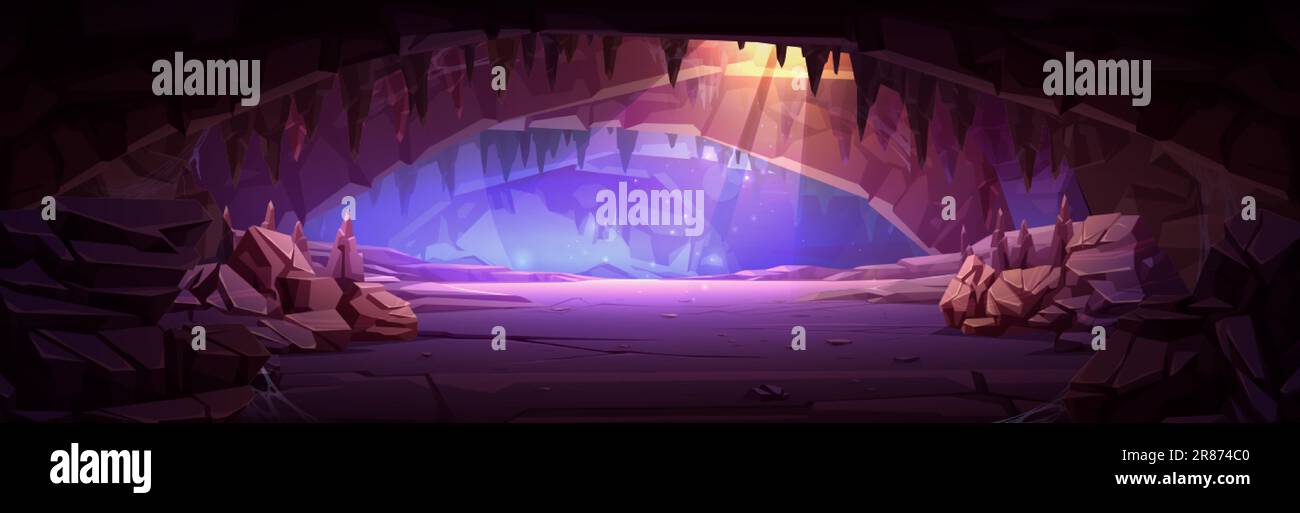 Cartoon cave interior illuminated with sunlight from ceiling. Vector ...