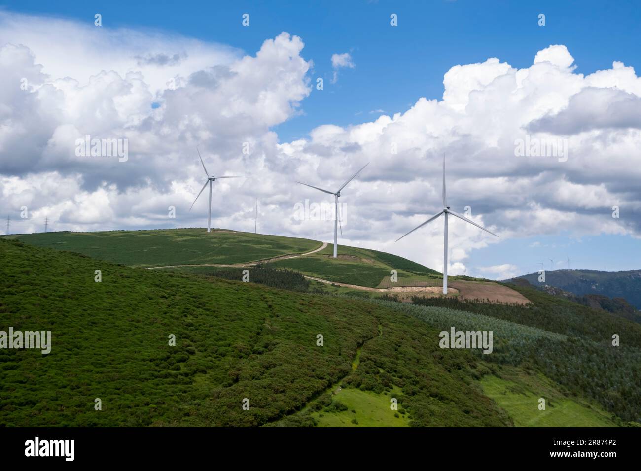 Windmills Energy Farm at the top of a mountain in Spain. Wind Turbines ...