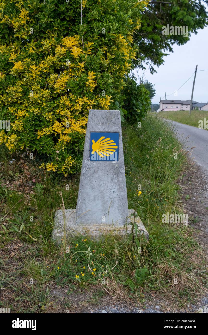 Signpost of the Way Saint James, marks shells for pilgrims to Santiago ...