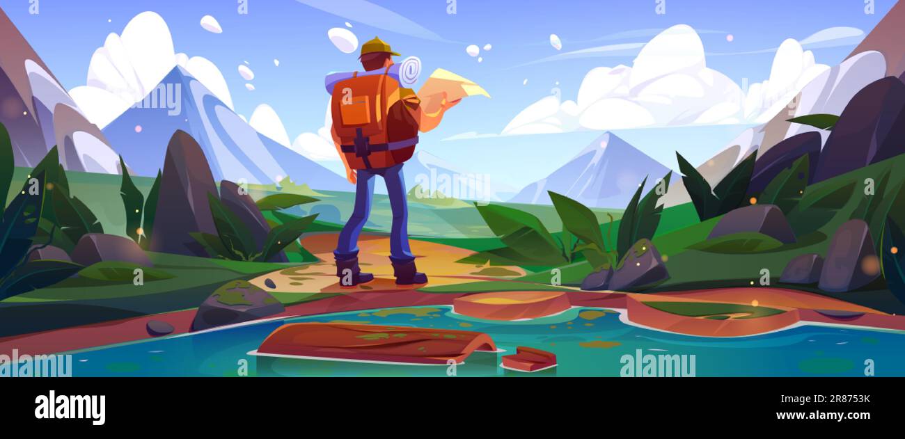 Man travel near lake and mountain vector illustration. Log in river ...
