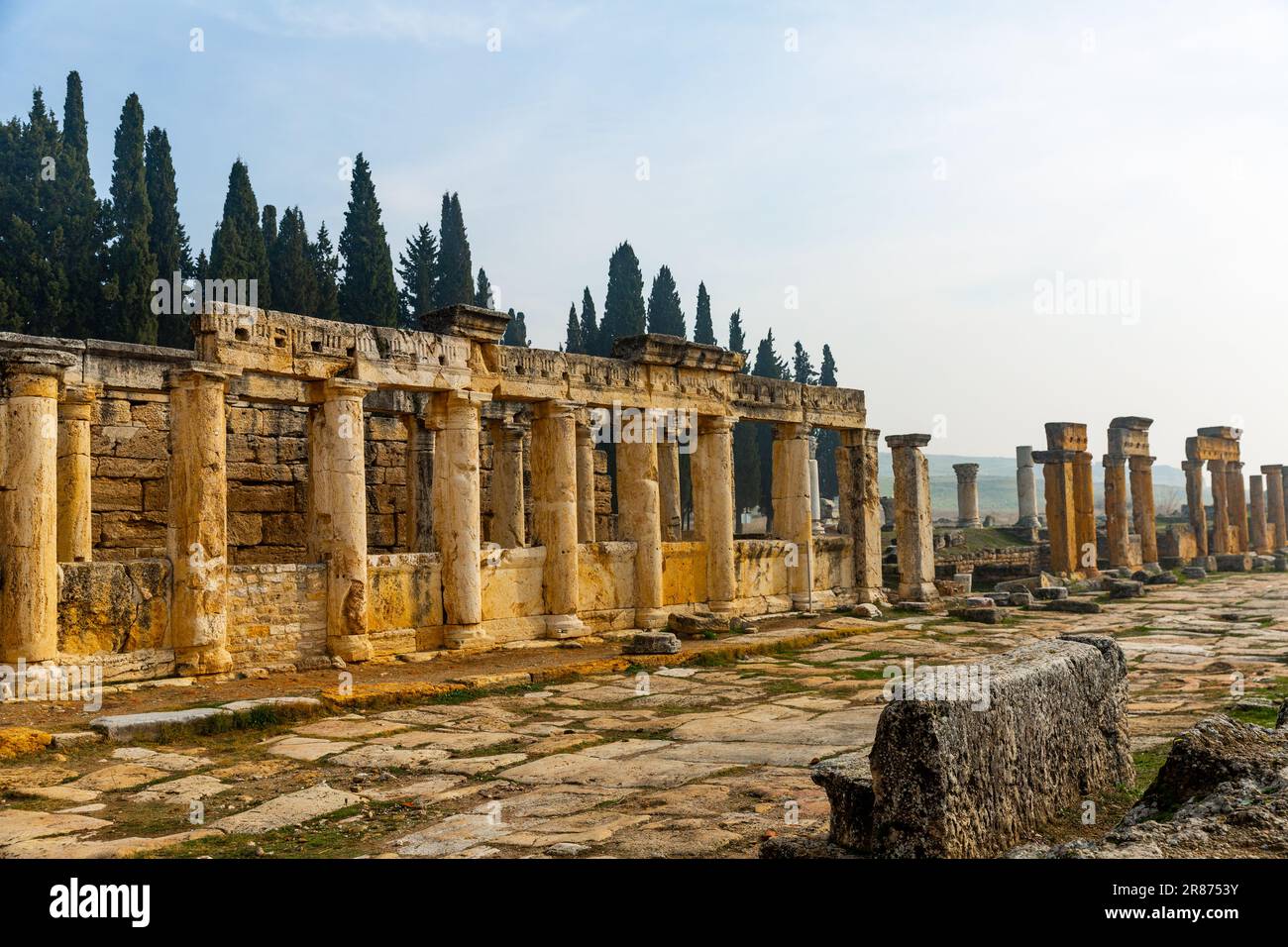 Ruins of central street of ancient city of Hierapolis in Turkey Stock ...