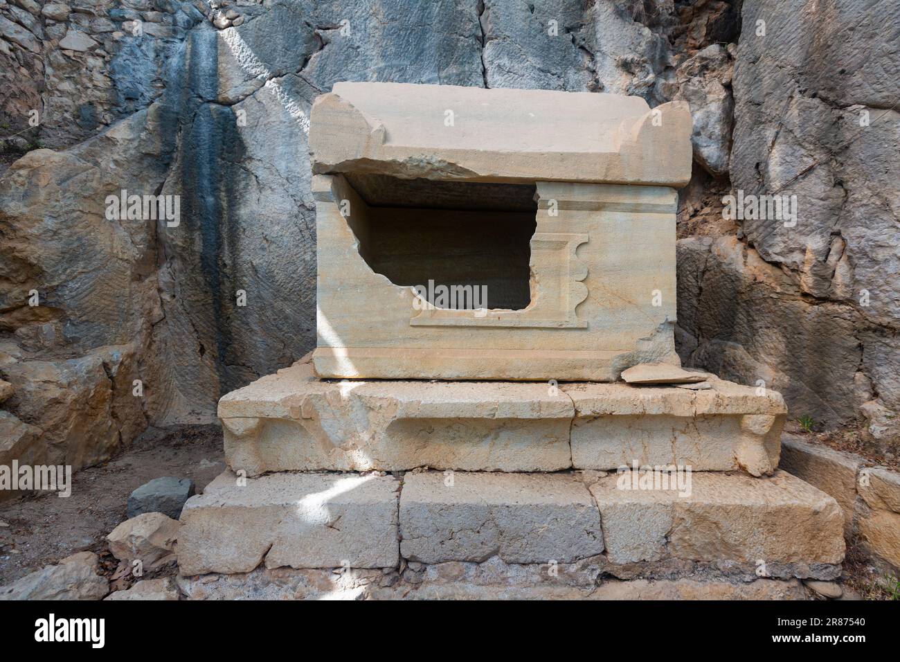 Antique stone sarcophagus in tomb in ancient Lycian city of Olympus ...