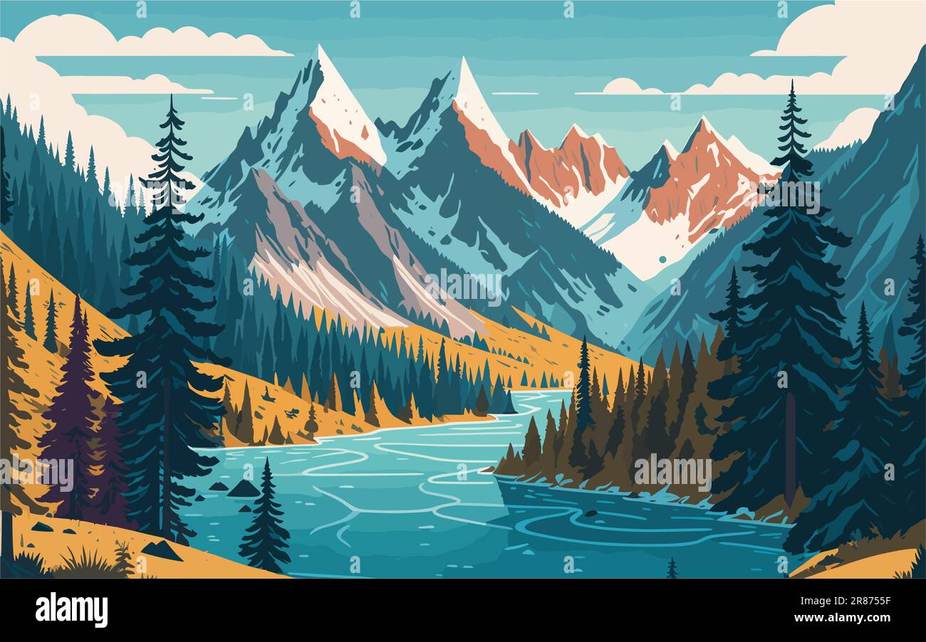 vector background illustration depicting a majestic mountain range with snow-capped peaks, lush ...