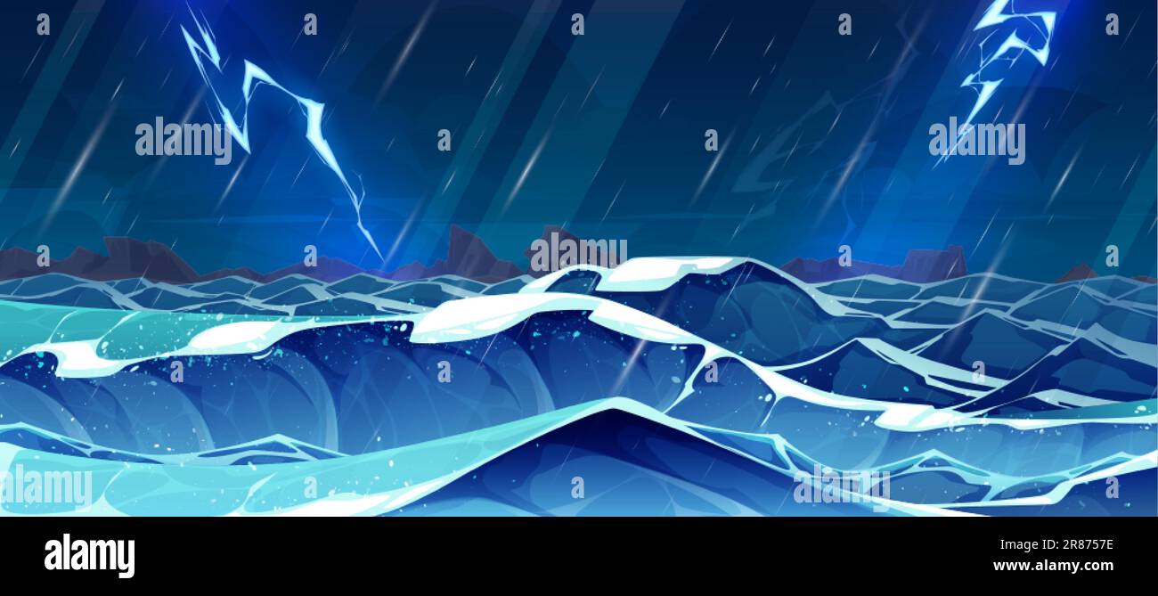Cartoon stormy seascape with heavy rainfall and lightning strikes ...