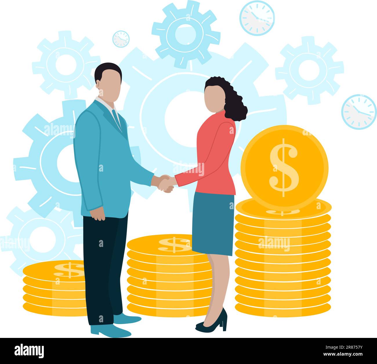 Illustration of the conclusion of the transaction. Man and woman shake ...
