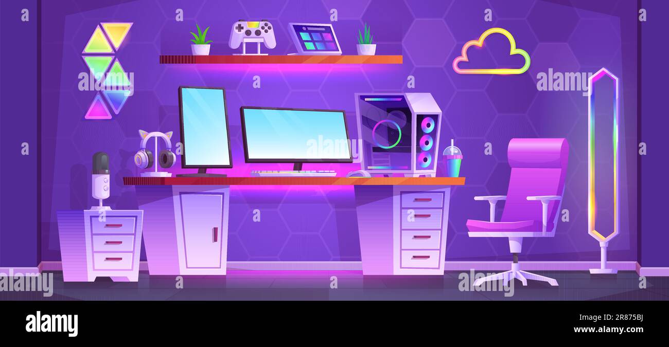 Neon teen streamer room interior with desk and pc vector background ...