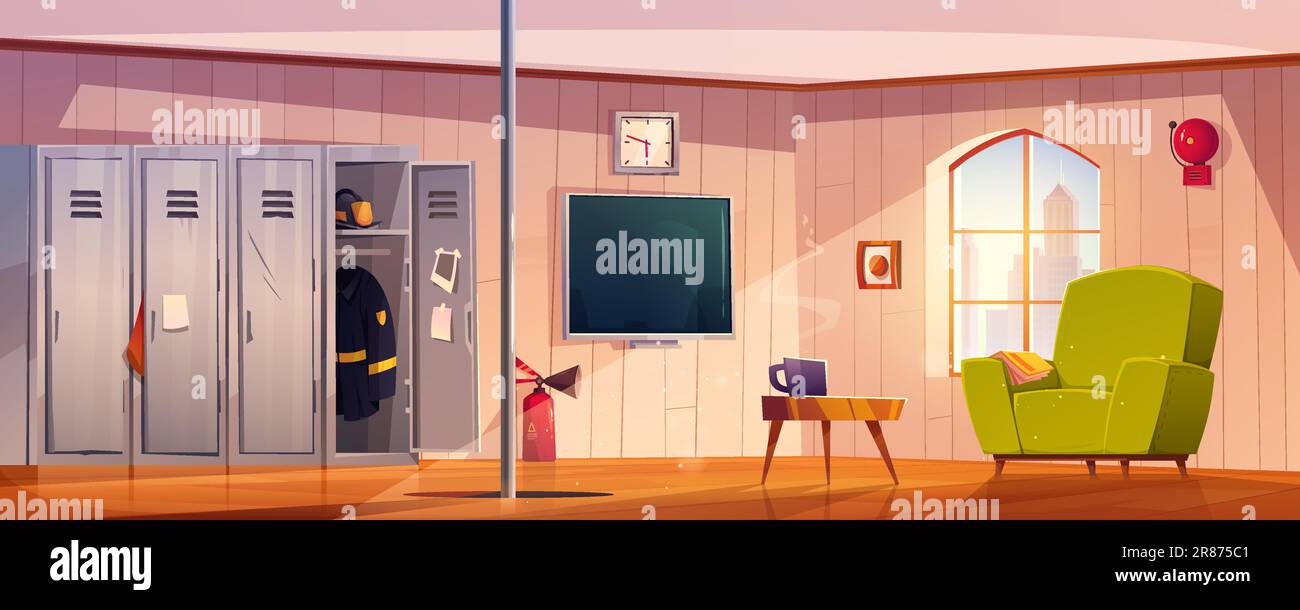Fire station rest room cartoon vector illustration. Firefighter ...