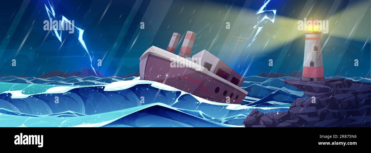 Cartoon thunder storm sea with lighthouse at night vector landscape ...