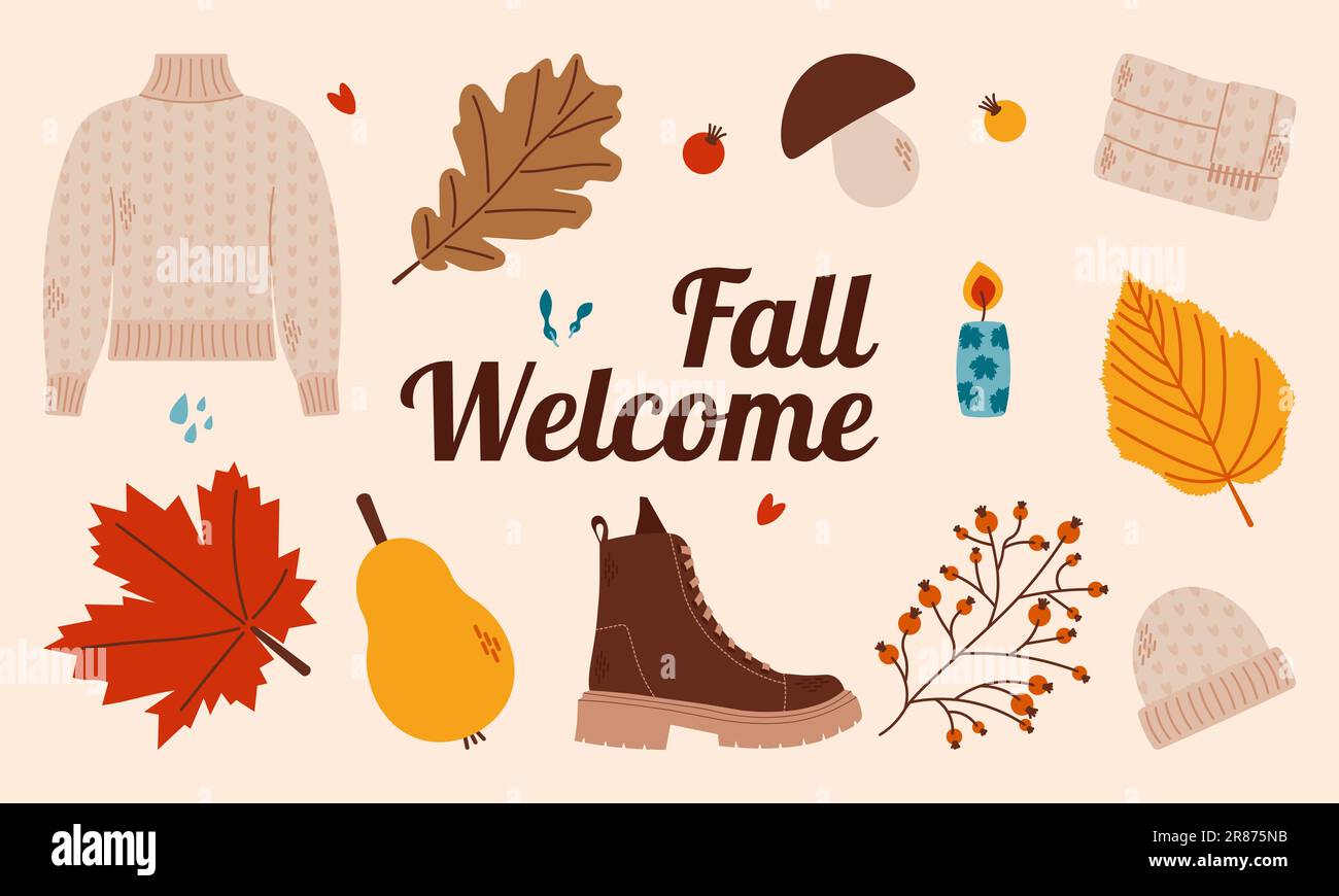 Start of fall. Cozy autumn collection. Warm autumn season. Vector ...