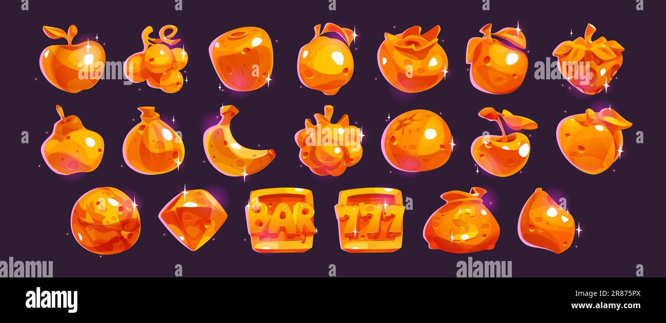 Cartoon set of golden slot machine icons isolated on background. Vector ...