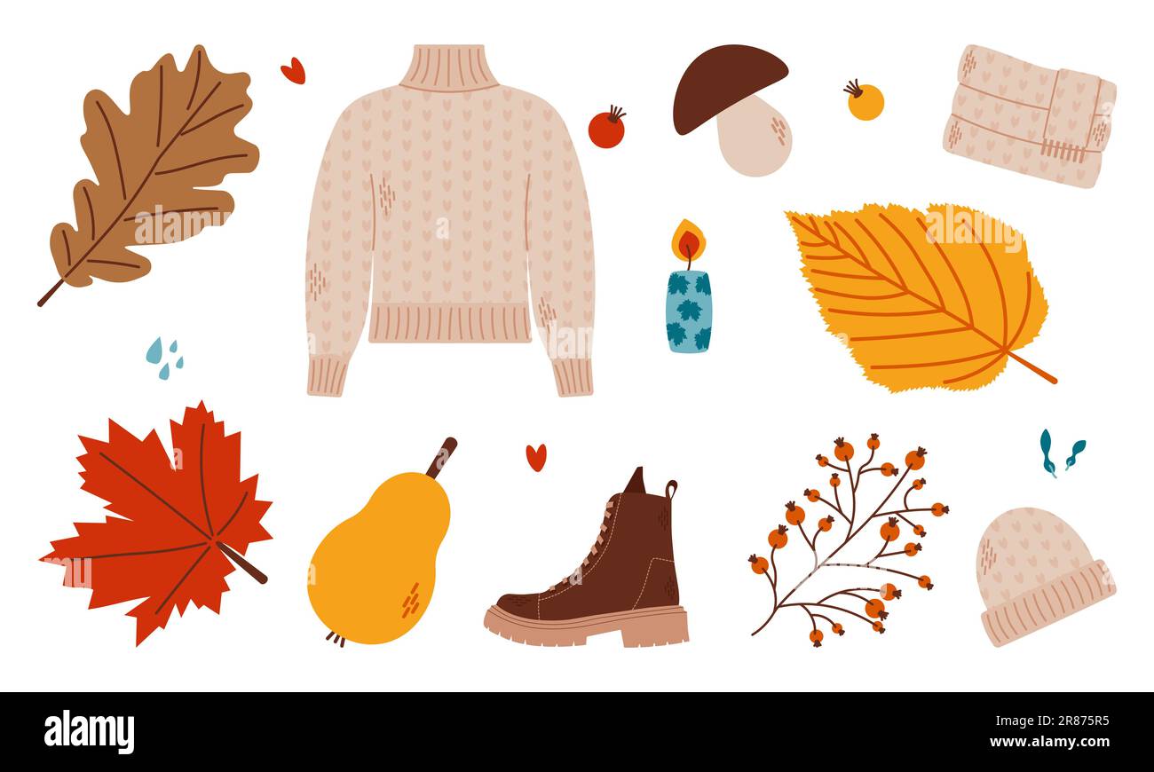 Start of fall. Cozy autumn collection on a white background. Warm ...