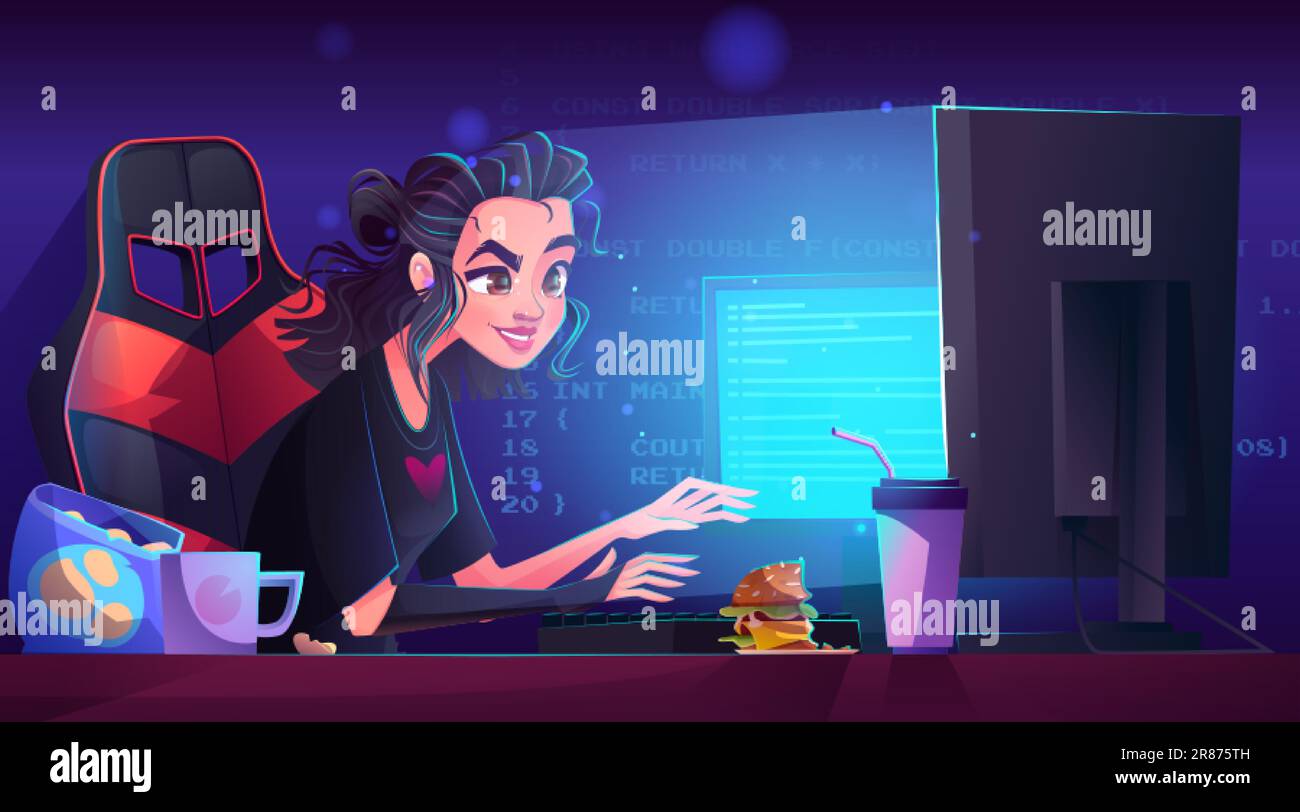 Software programmer girl office work vector design. Dark computer desk ...