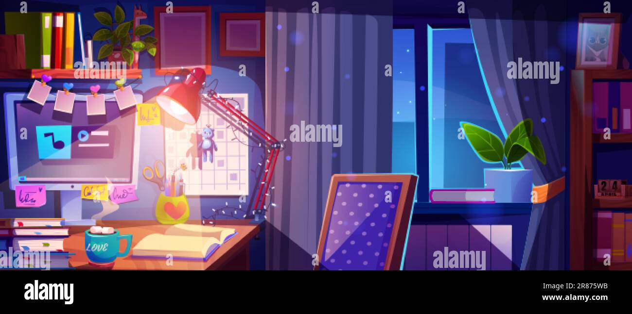 Teen student workspace near window at home. Vector cartoon illustration ...