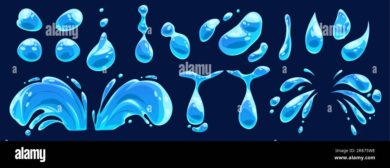 Cartoon set of water drops and splashes isolated on black background ...