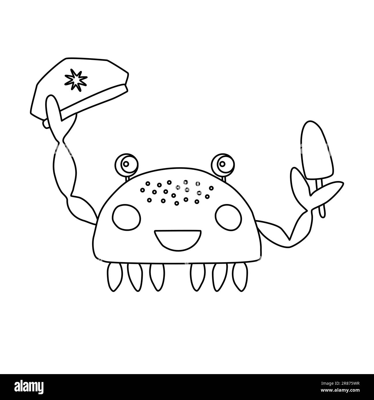 Cute cartoon style crab character smiling, captain hat and ice cream in ...