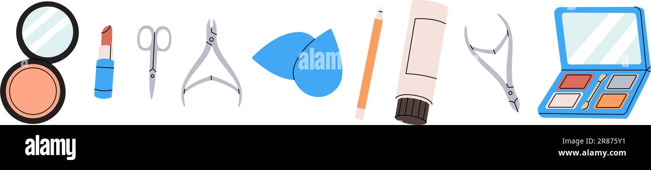 Set of makeup tools. Beauty tools silhouette. Makeup powder, lipstick ...