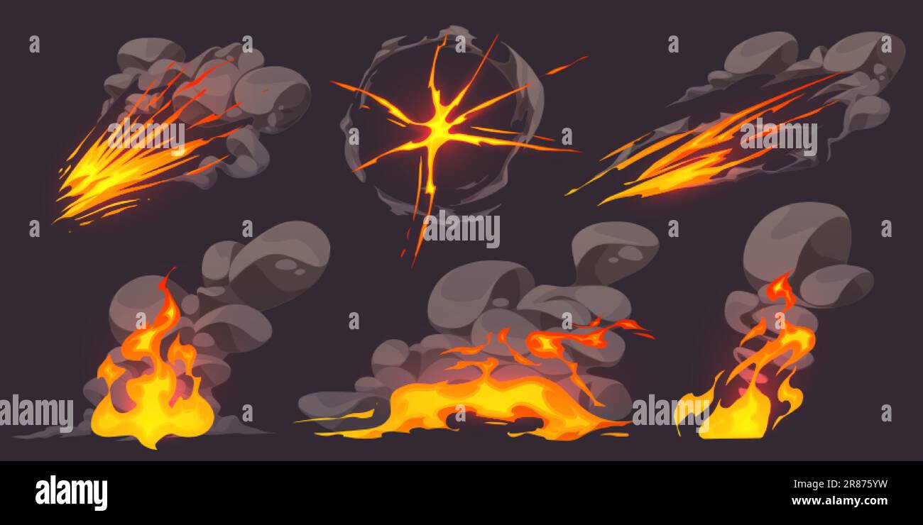 Cartoon fire game effect with smoke cloud vector set. Hot flame comic ...