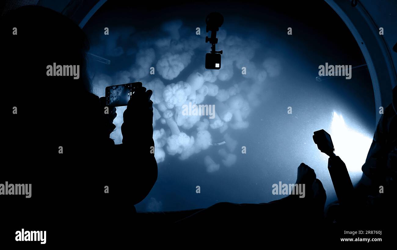 Passengers aboard he Oceangate submersible "Titan" take photos of sea ...