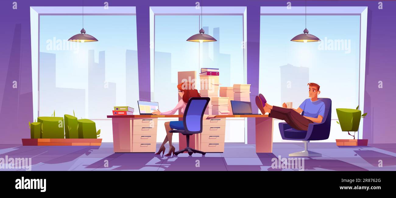 Diligent female and lazy male office employees. Vector cartoon ...