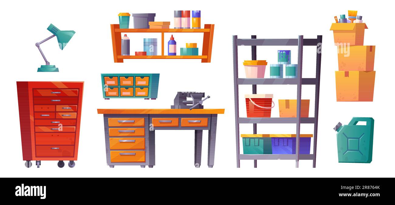 Workshop room interior in garage or basement. Isolated carpentry tool ...