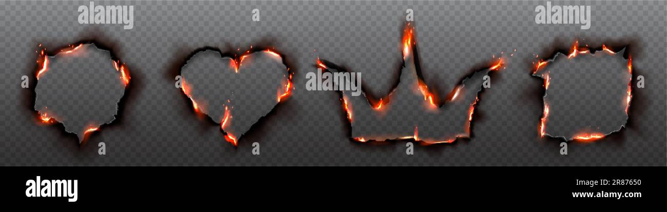 Orange burn hole frame with crown and heart shape. Circle and square ...