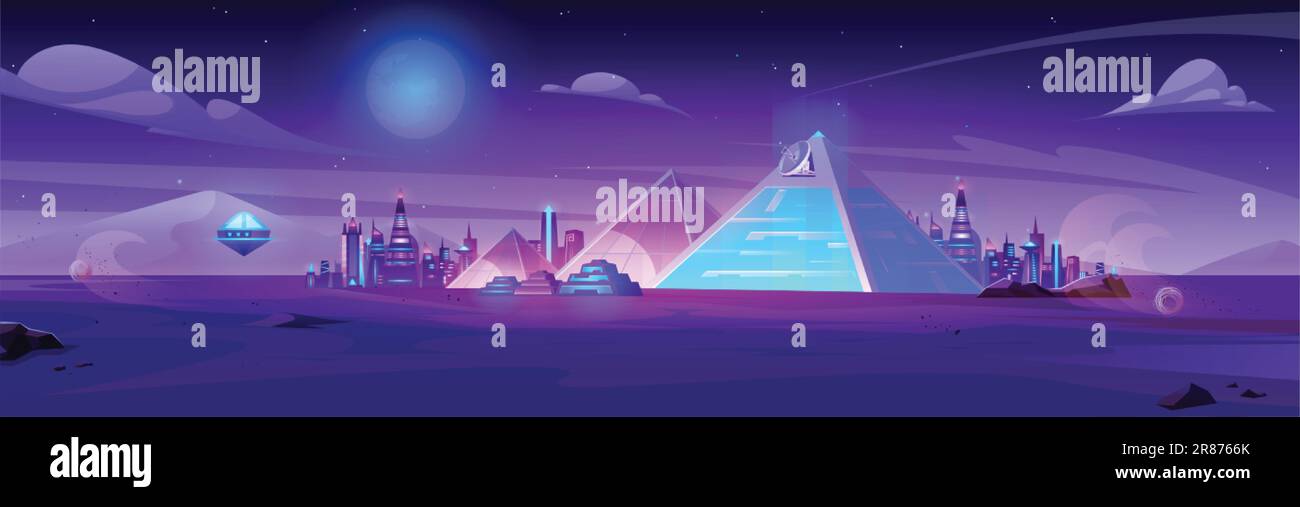 Night futuristic neon Egypt city with pyramid background. Dark cyber ...