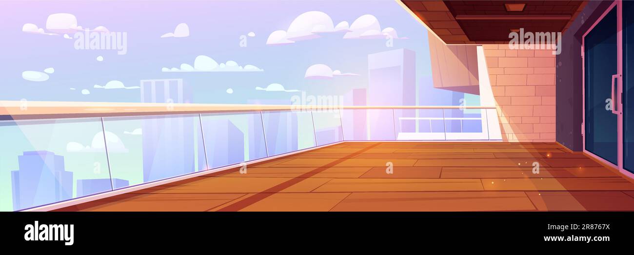 Open balcony interior with city skyscraper view cartoon background ...