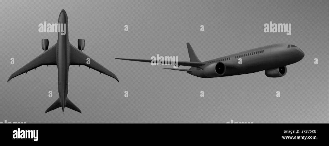 Isolated top view 3d realistic vector airplane. Black passenger ...