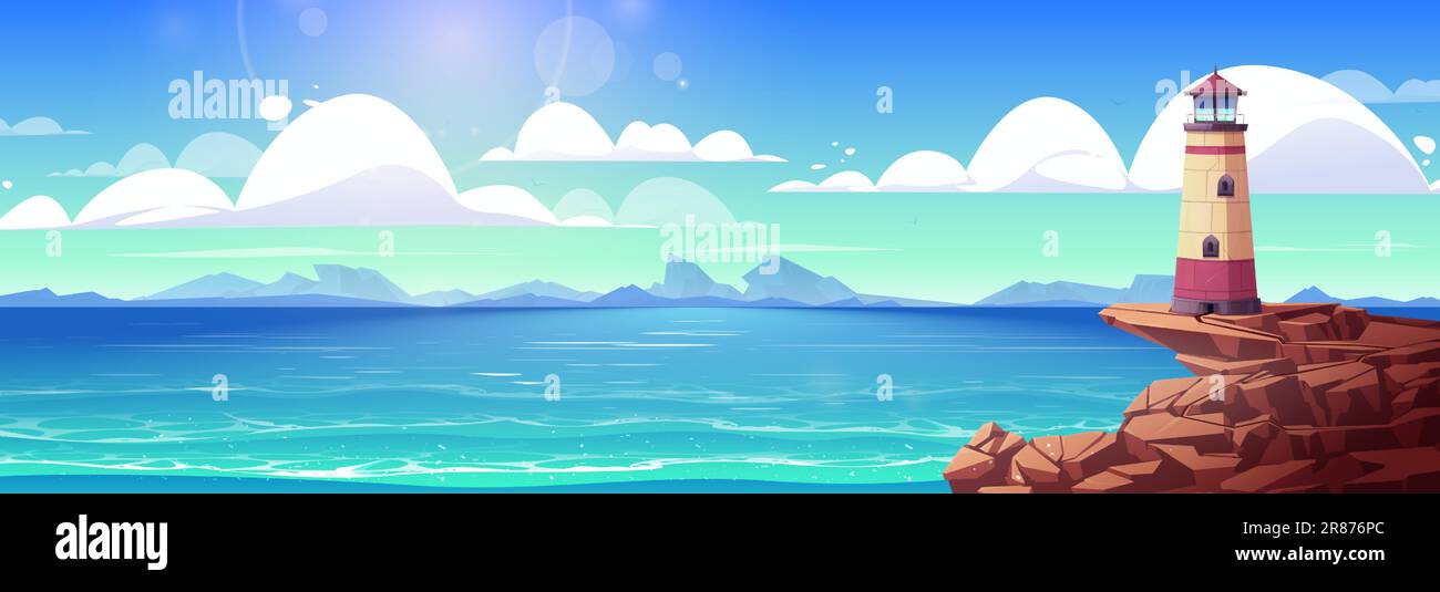 Lighthouse on island cliff sea coast cartoon vector illustration ...