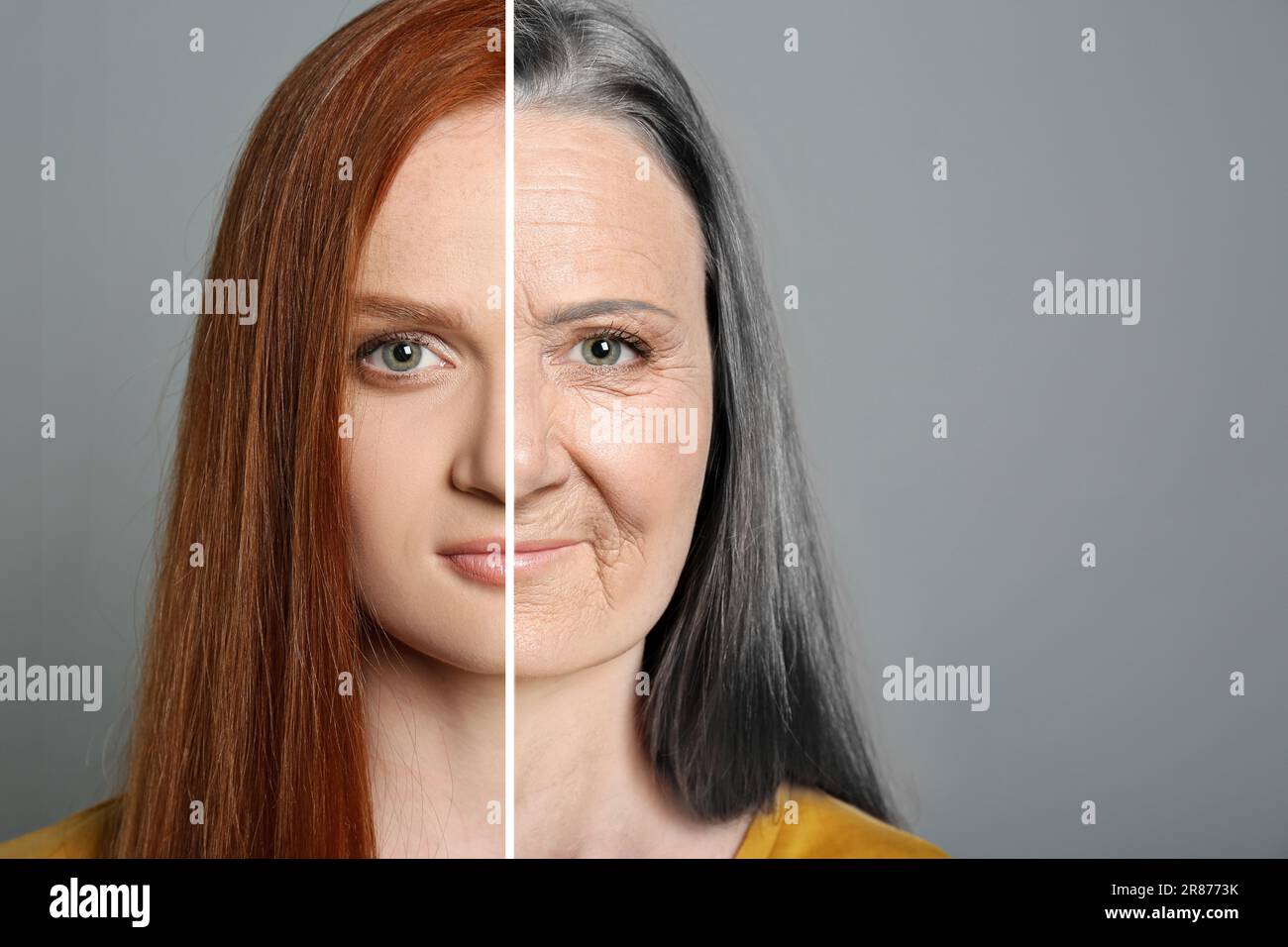 Changes in appearance during aging. Portrait of woman divided in half ... Changes in appearance during aging. Portrait of woman divided in half ...