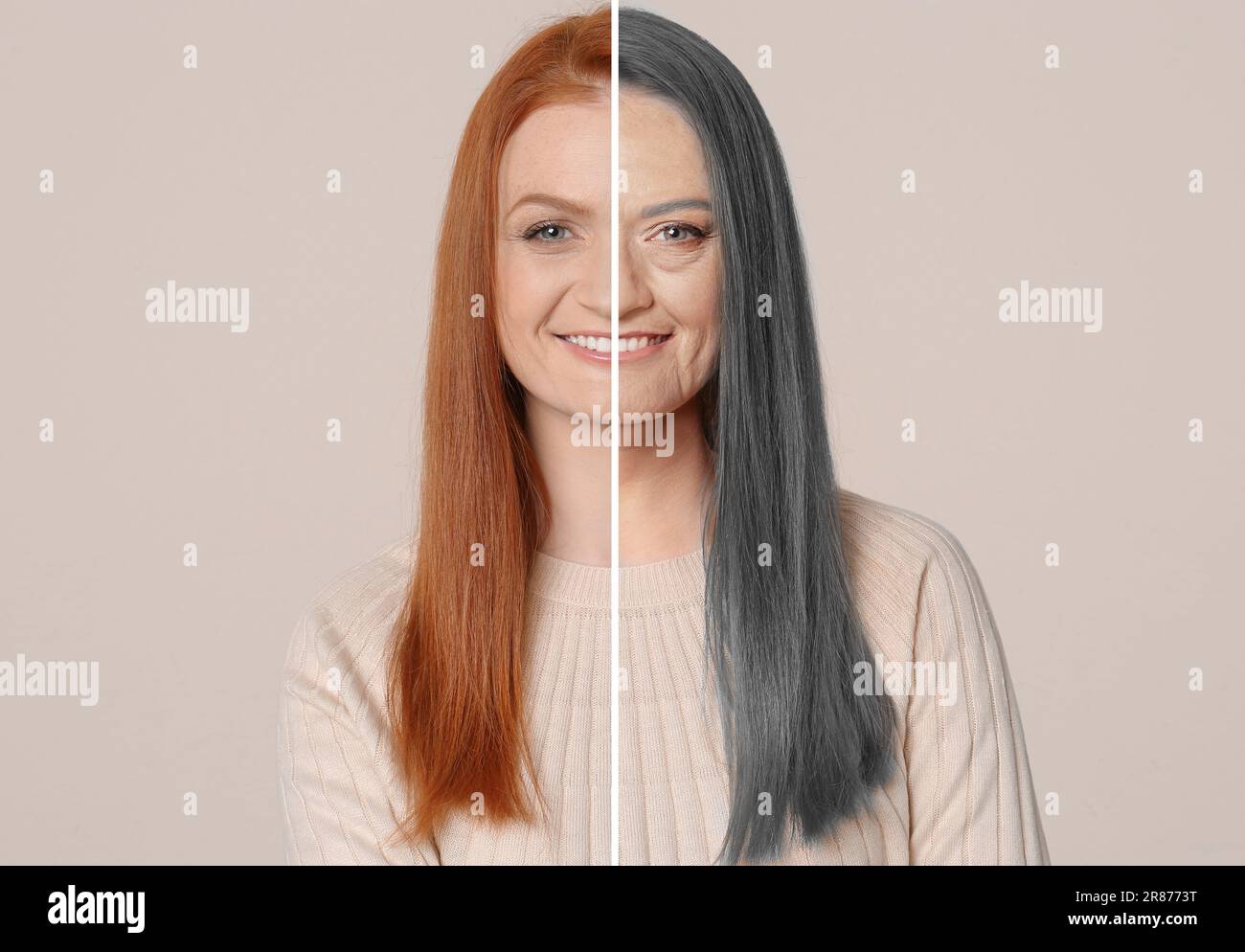 Changes in appearance during aging. Portrait of woman divided in half ...