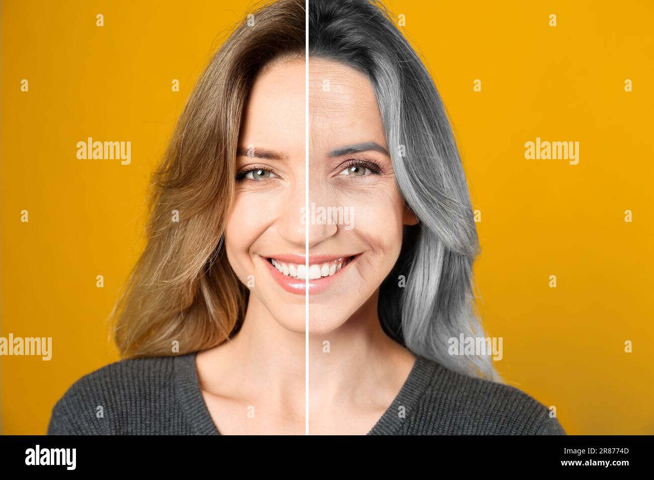Changes in appearance during aging. Portrait of woman divided in half ...