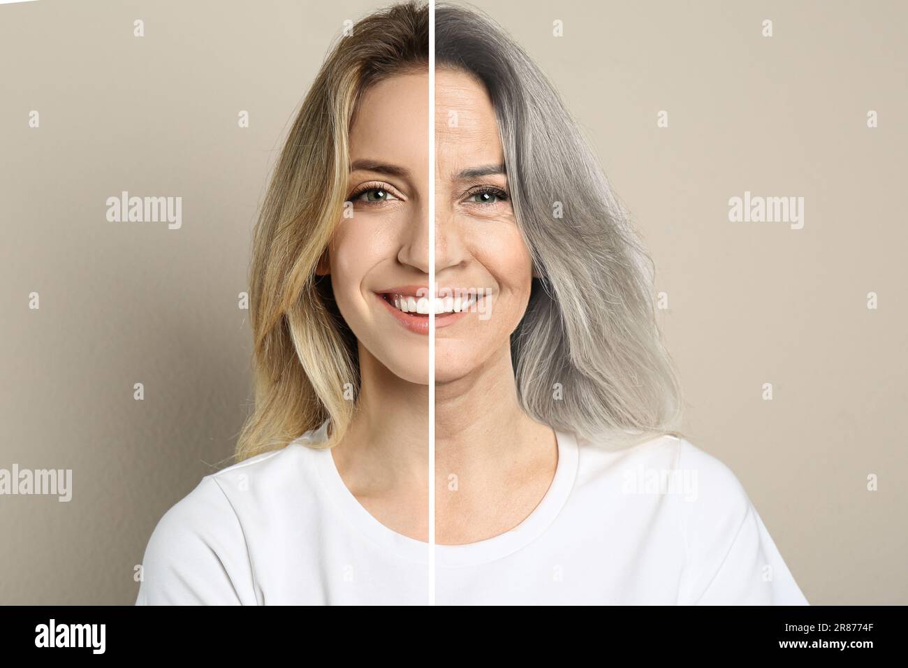 Changes in appearance during aging. Portrait of woman divided in half ...