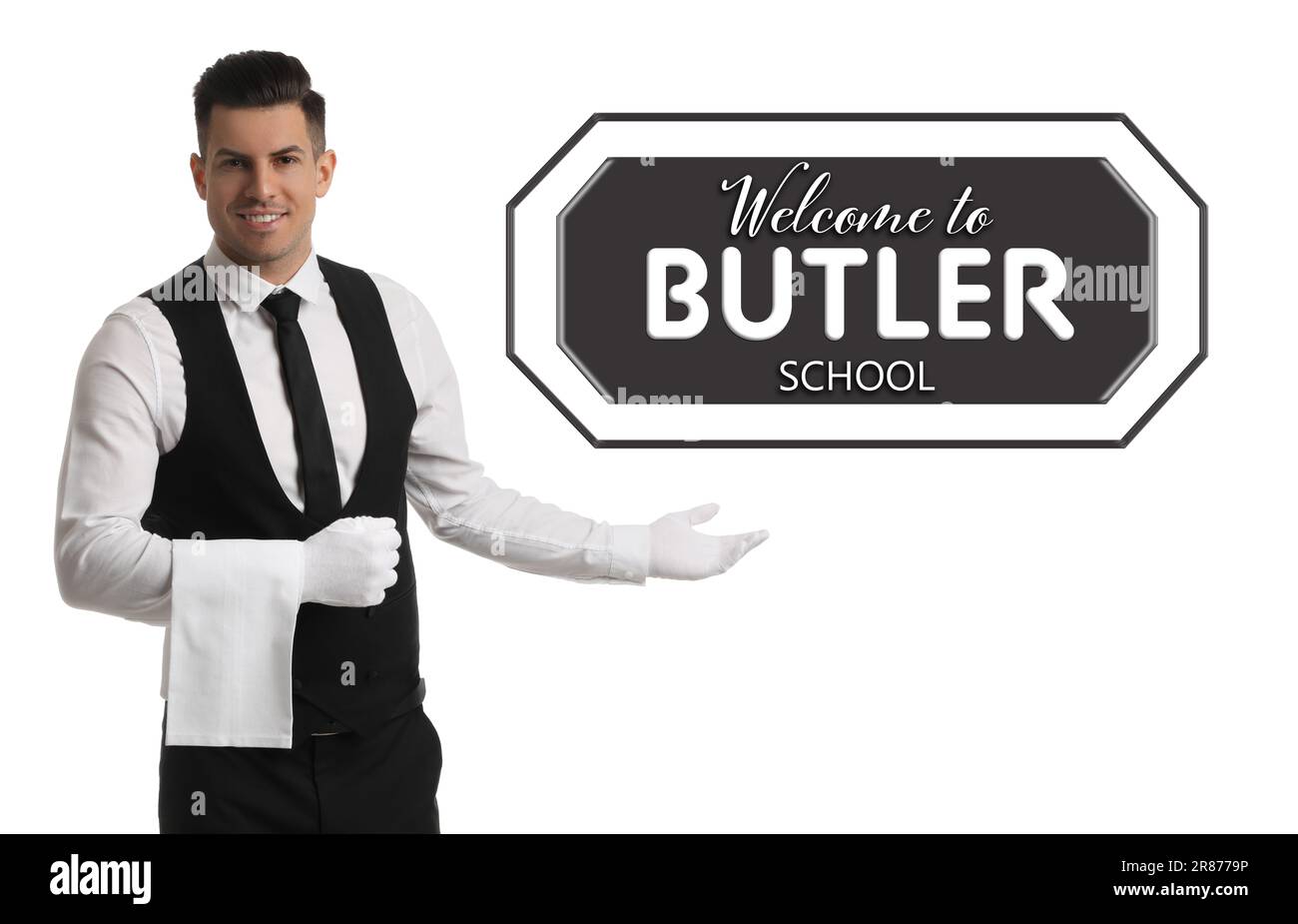 Handsome man with towel pointing at sign Welcome To Butler School on ...
