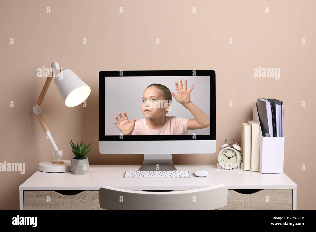 Internet addiction. Little girl trapped in computer. Child stuck to ...
